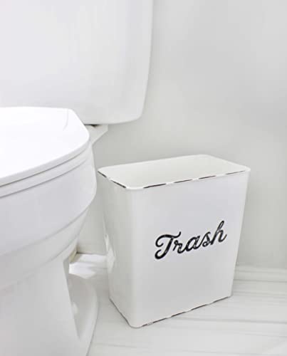 AuldHome White Enamel Trash Can, Rustic Farmhouse Wastebasket for Bathroom, Bedroom, or Office