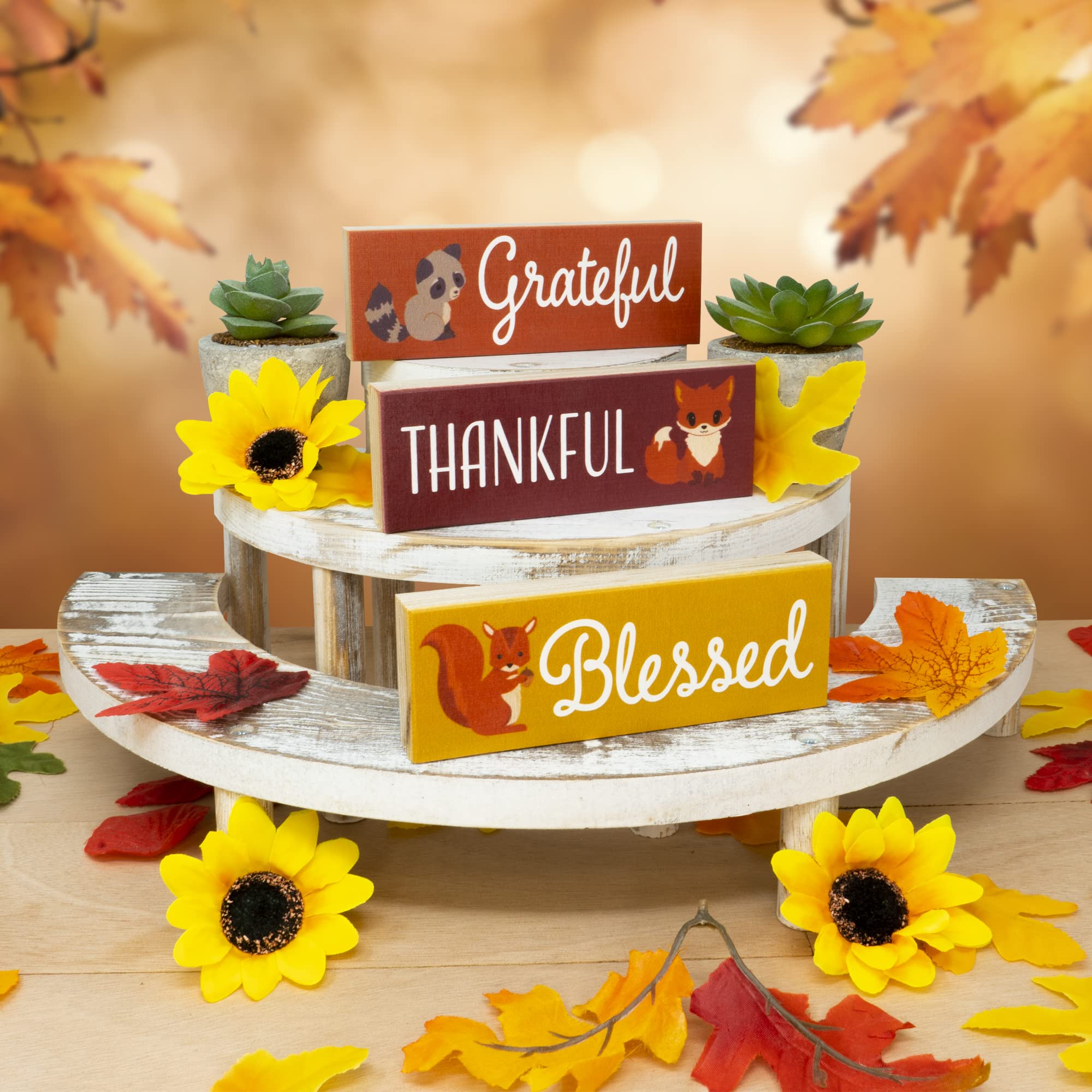Fall Decorating Grateful Thankful Blessed Wood Block Signs β 3-Piece Fall Decor Set, Thanksgiving & Friendsgiving Decorations, Autumn Tiered Tray Accents