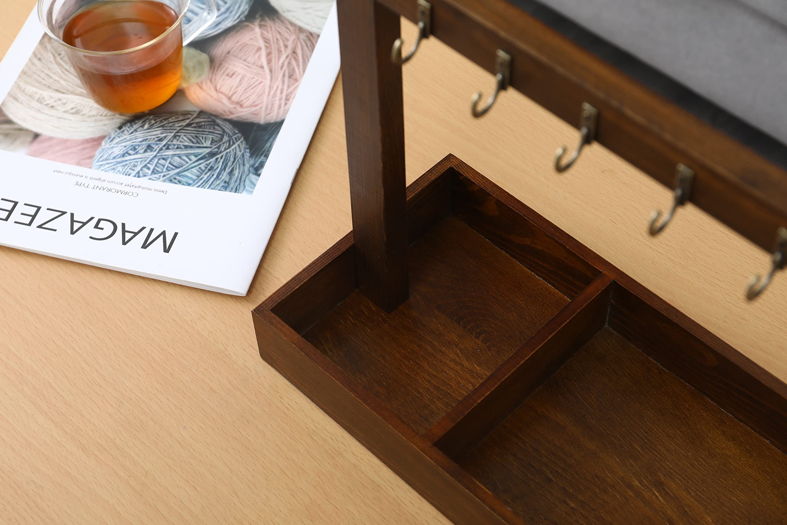 POKHDYE Wood Entryway Tabletop Key Holder Rack,Rustic Burnt Decorative Organizer with Storage Tray and Brass Tone Hooks,Jewelry Key Stand Hanging Organizer