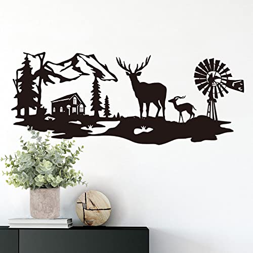 Deer and Windmill Metal Wall Art Decor Farmhouse Cabin Art 7x17.3 Inch House Decorations for Living Room Bedroom Bathroom Rustic Forest Hunting Mountain Decor for Indoor Outdoor Lodge Christmas Presents Gifts