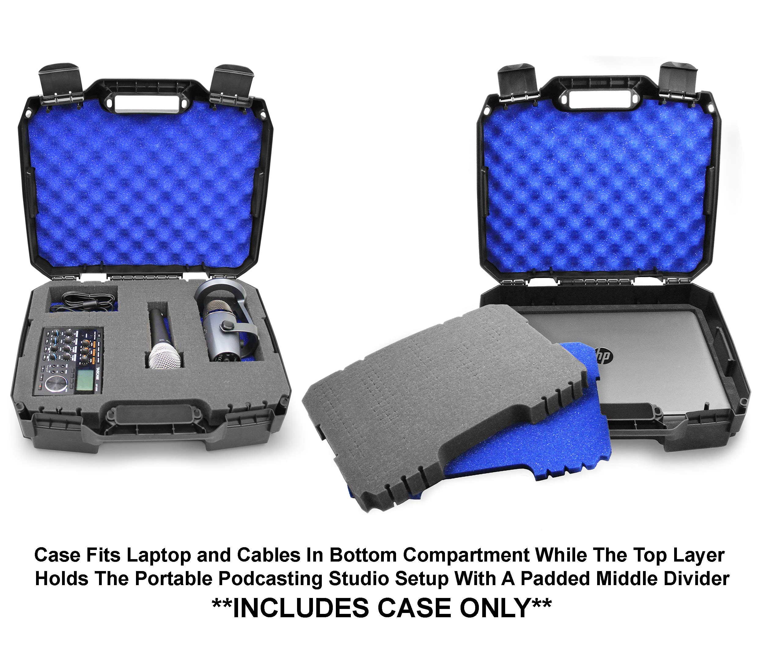 CASEMATIX 17 inch Mobile Podcast Station Travel Case Fits Mixers, Microphones, Laptops and Cables with Dual Customizable Foam Layers - Case Only with Blue Foam