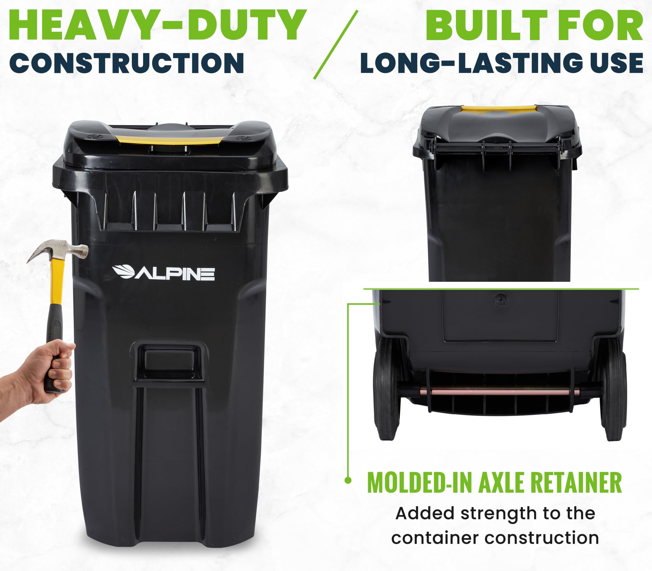Alpine 64 Gallon Trash Can with Wheels - Large Heavy Duty Outdoor Trash Can with Lid, Rolling Trash Can Outdoor, Outside Wheeled Garbage Can for Residential and Commercial Use (Black)