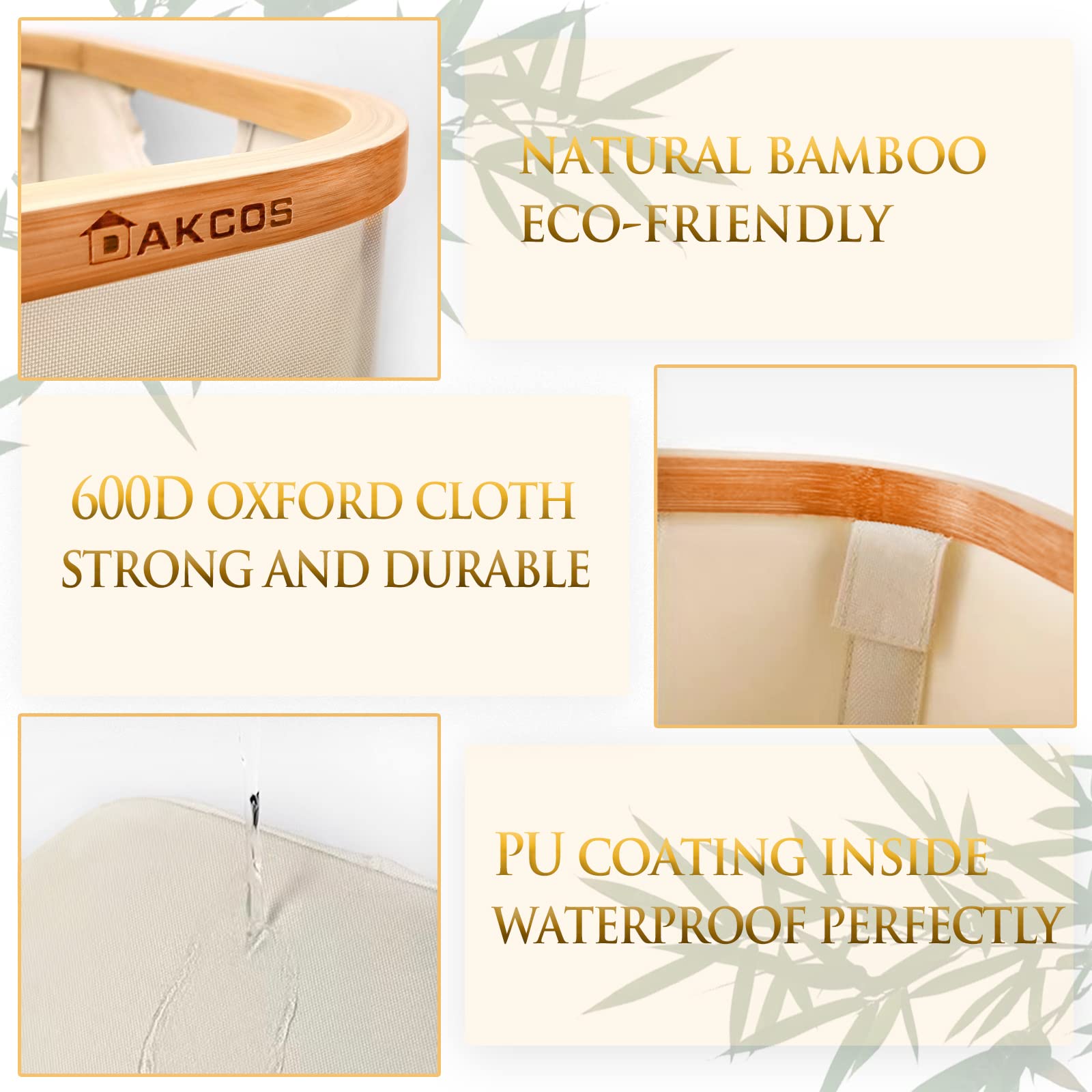 DAKCOS 2 Pack Foldable Storage basket with Handles Bamboo Rim Collapsible Fabric Storage basket for Storage Clothes,Toys,etc. 32L,Beige
