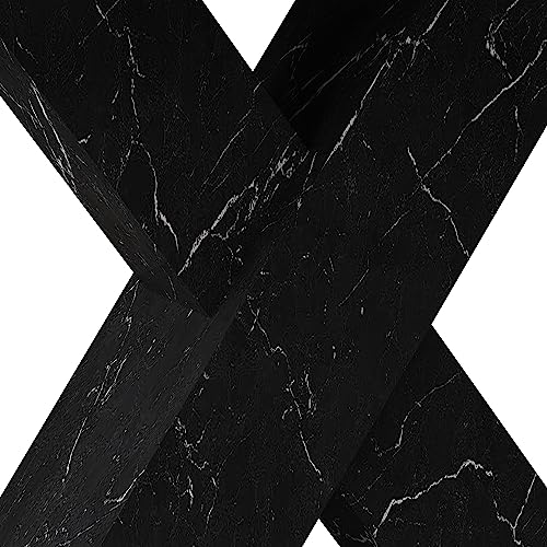 CEMKAR Modern Square Dining Table, 47.24β-62.99" L Stretchable, Printed Black Marble Table Top+MDF X-Shape Table Leg with Metal Base (Black)