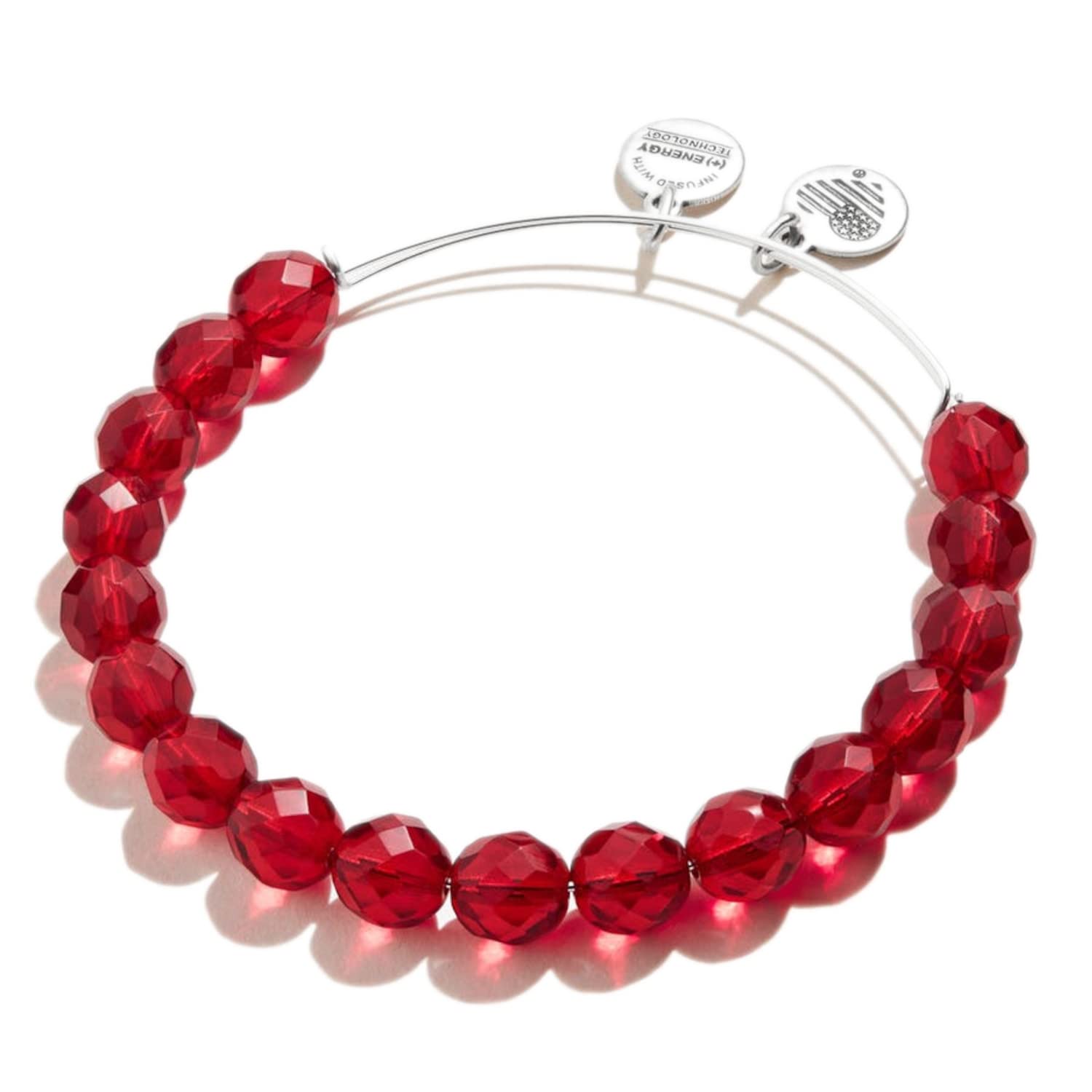 Alex and Ani Accents Luna Beaded Expandable Bangle for Women, Cranberry Beads, Shiny Silver Finish, 2 to 3.5 in