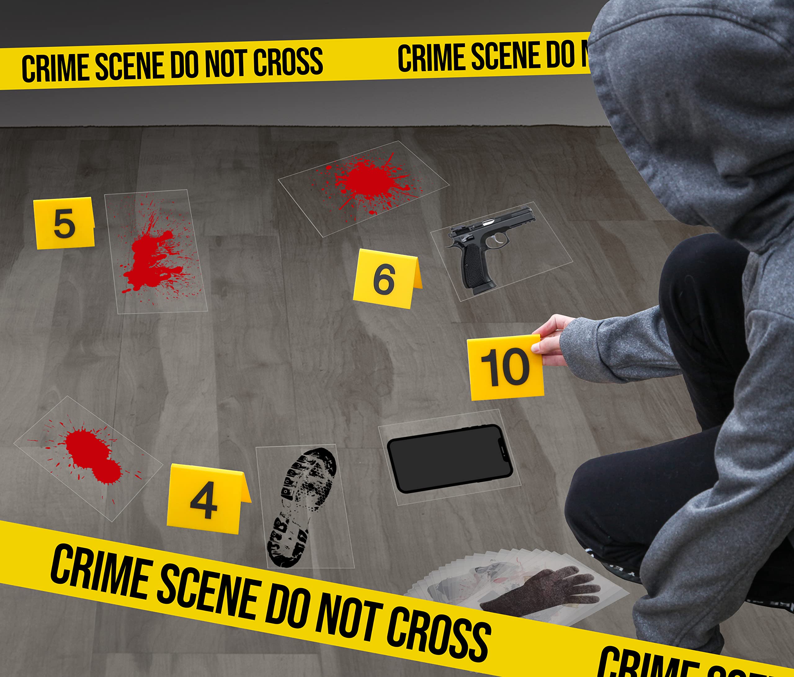 Crime Scene Decorations Kit, Crime Mystery Dinner Party Game Supplies, Includes Crime Scene Tape, 25 Yellow Evidence Markers, 25 Crime Object Cards