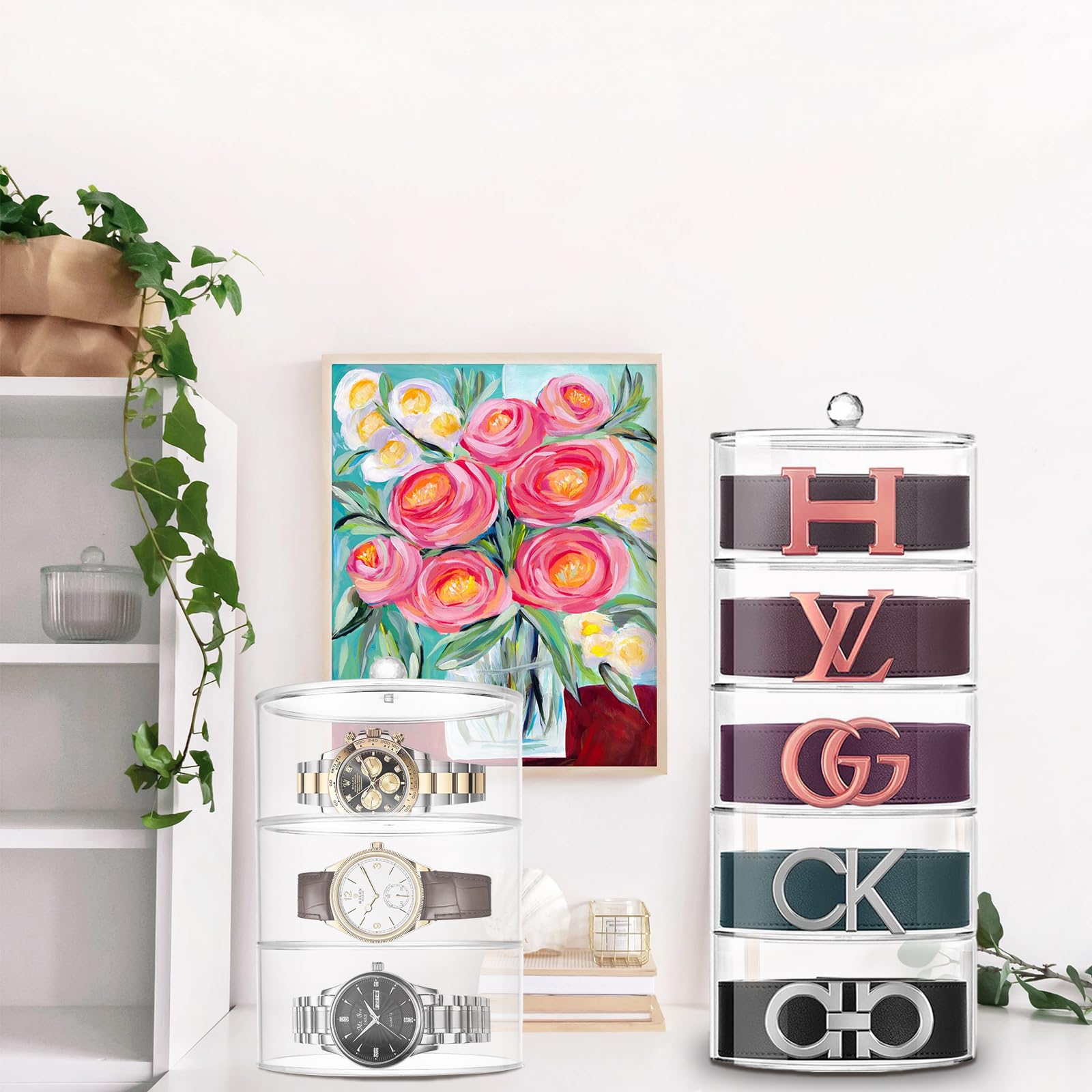 ABuff Acrylic Belt Organizer for Closet, 5 Layers Belt Display Case Transparent Storage Holder for Belt, Watches, Jewelry, Bracelets, Makeup and Other Accessories