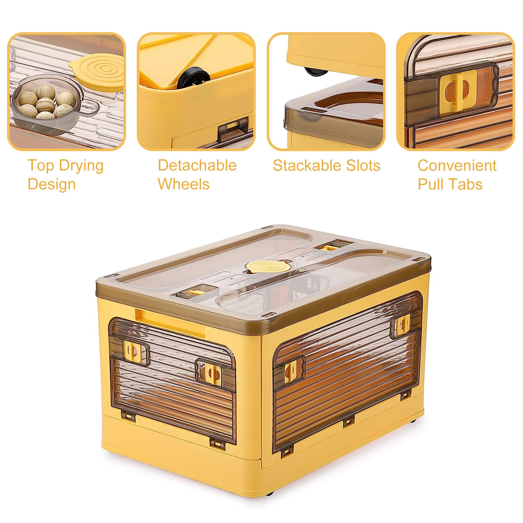Aimondow 2 Pack Plastic 4 Doors Collapsible Storage Bins with Lid & Wheels, 28 Liters Folding Storage Bins, Stackable Multifunctional Box for Camping Clothes Snack Storage