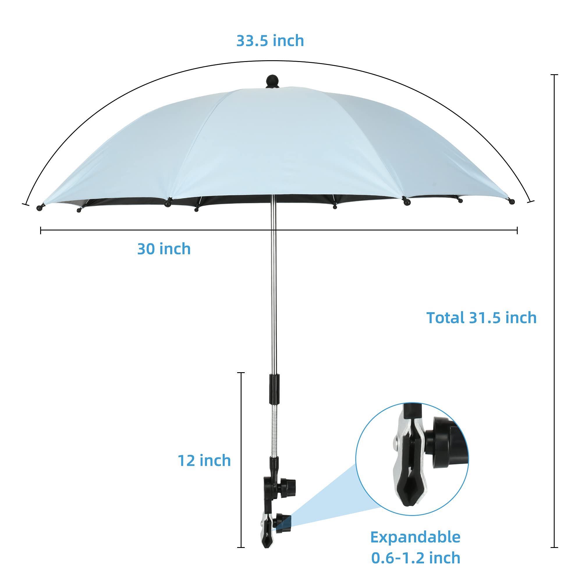 Baby Pram Umbrella with Adjustable Clamp,Buggy Parasol with Clip on Fixing Device UPF 50+,for Pushchair Strollers (Blue)
