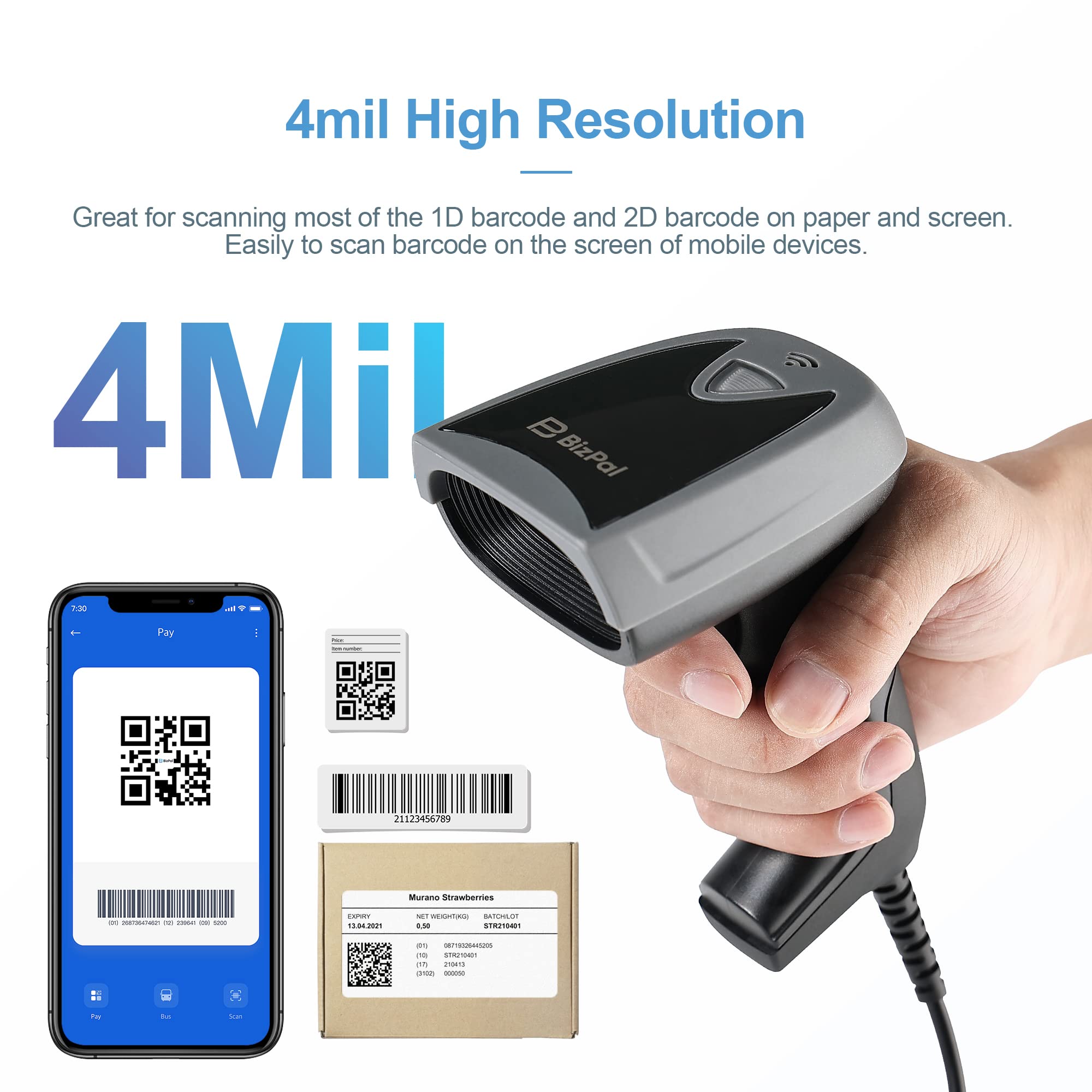BizPal Wired 1D & 2D Barcode Scanner, Wide-Angle Lens Easy Coverage, Fast Scanning, Ergonomic Handle, Anti-Shock, Suitable for Store, Restaurant, Pharmacy, Clothing Industry, Plug and Play BSC-2000