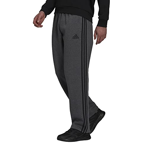 adidas Men's Size Essentials Fleece Open Hem 3-Stripes Pants, Dark Grey Heather/Black, Large Tall