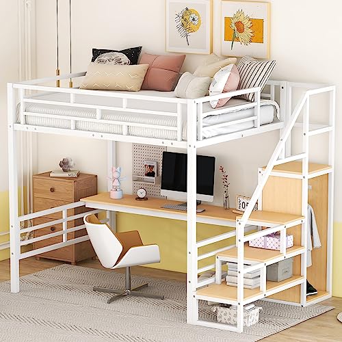 CITYLIGHT Full Size Loft Bed with Staircase and Desk, Metal Loft Bed Frame with Wardrobe and Storage Shelves, Full Loft Bed with Desk for Kids, Teens, Boys & Girls (Full, White)