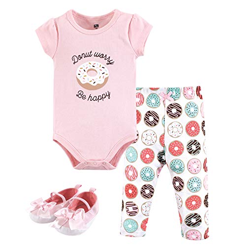 Hudson Baby Unisex Baby Cotton Bodysuit, Pant and Shoe Set, Donut Worry, 12-18 Months