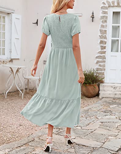 Annebouti 2023 Women's Summer Puff Short Sleeve Dress Modest Flowy A Line Ruffle Tiered Long Casual Smocked Maxi Dress with Pockets Solid Light Green S