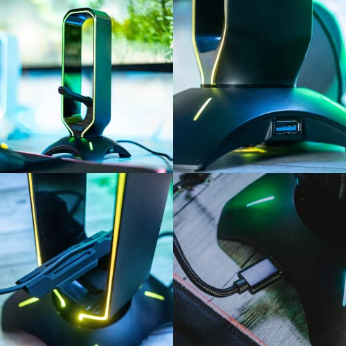 Tilted Nation RGB Headset Stand and Gaming Headphone Stand for Desk Display with Mouse Bungee Cord Holder - Gaming Headset Holder with USB 3.0 Hub for Xbox, PS4, PC - Perfect Gaming Accessories Gift