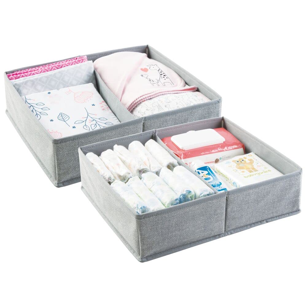 mDesign Soft Fabric Dresser Drawer and Closet Storage Organizer Bin for Child/Kids Room, Nursery, Playroom - Divided 2 Section Tray - Textured Print, 2 Pack - Gray