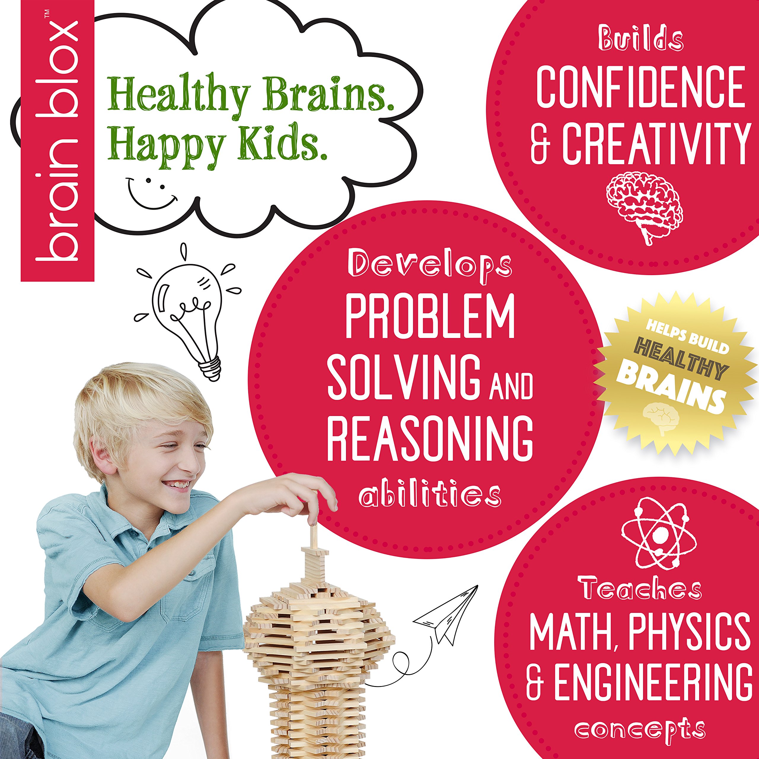 Brain Blox Natural Wooden Blocks for Kids Ages 4-8 - Montessori Blocks for Hands-on Learning - STEM and Architecture for Kids (300 Building Blocks)