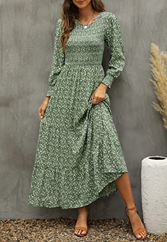 Annebouti Women's 2023 Fall Casual Long Sleeve Maxi Dress Boho Tiered Smocked Office A-Line Modest Floral Long Dresses for Women Olive M