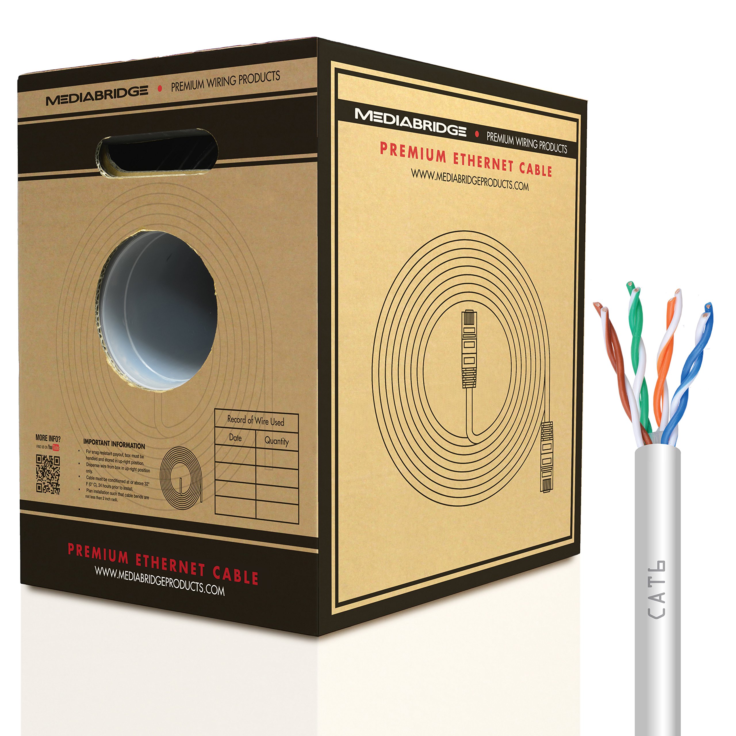Mediabridge Pure Copper Cat6 Cable (250 Feet, White) - 10Gbps Ethernet, Solid, in-Wall Rated, w/Premium Snagless Pull-Out Box - (Part# C6-250-WHITE)