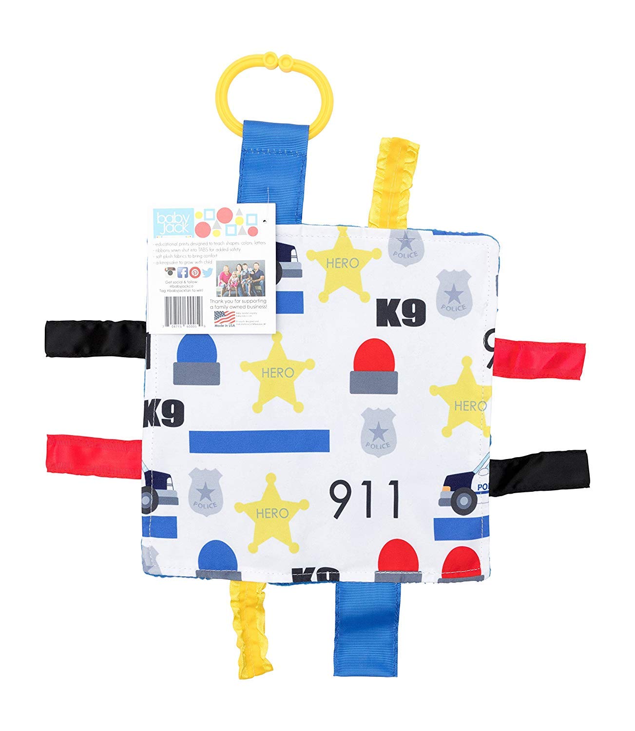 Baby Sensory Crinkle & Teething Square Lovey Toy with Closed Ribbon Tags for Increased Stimulation: 8"X8" (Police)