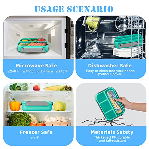 Bento Box, Lunch Box Containers for Toddler/Kids/Adults, 1300ml-4 Compartments&Fork, Leak-Proof, Microwave/Dishwasher/Freezer Safe, Bpa-Free(Green)