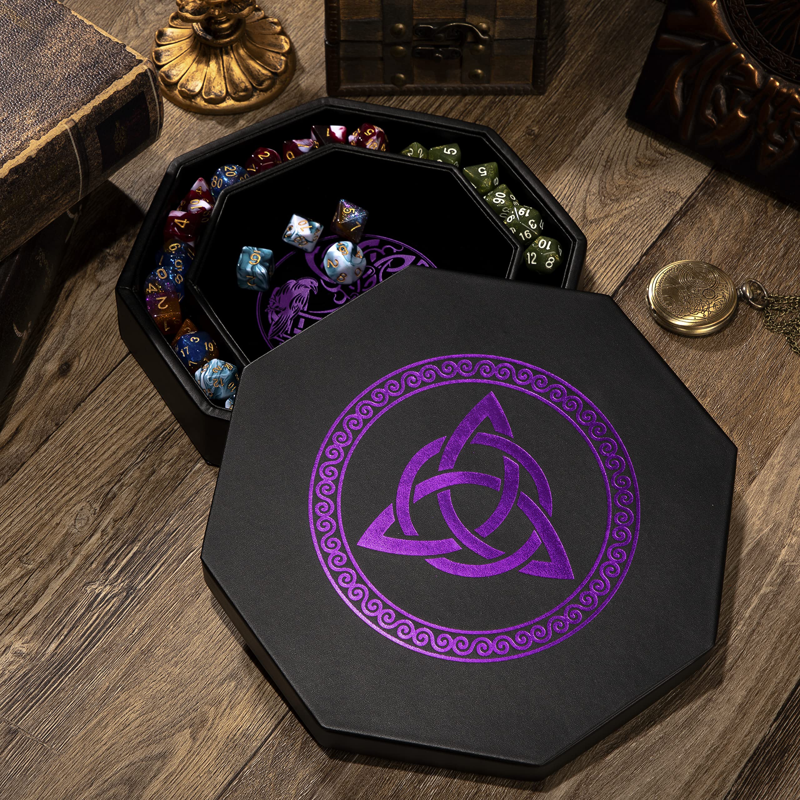 DND Dice Tray - Premium 8 Inch Tray Dungeons and Dragons - Exquisitely Detailed Purple World Tree & Triquetra Design - Perfect Rolling & Box Storage to Protect Your Dice for D&D and RPG