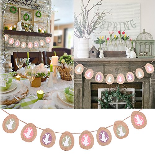 Faylapa Bunny Burlap Banner Flags Bunting for Easter Party Favors Decoration Spring Photo Prop