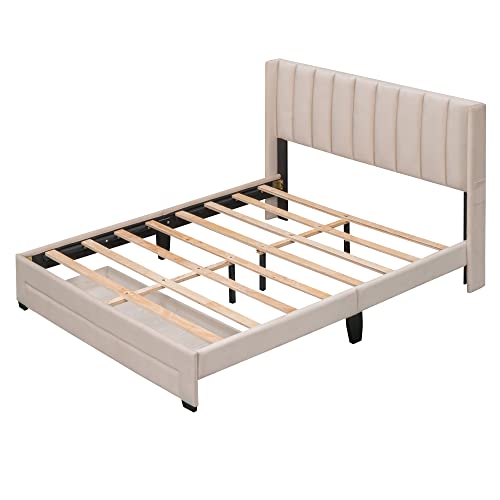 Bellemave Queen Size Bed Frame with A Storage Drawer, Velvet Upholstered Platform Bed with Wingback Vertical Channel Tufted Headboard, No Box Spring Needed, Beige