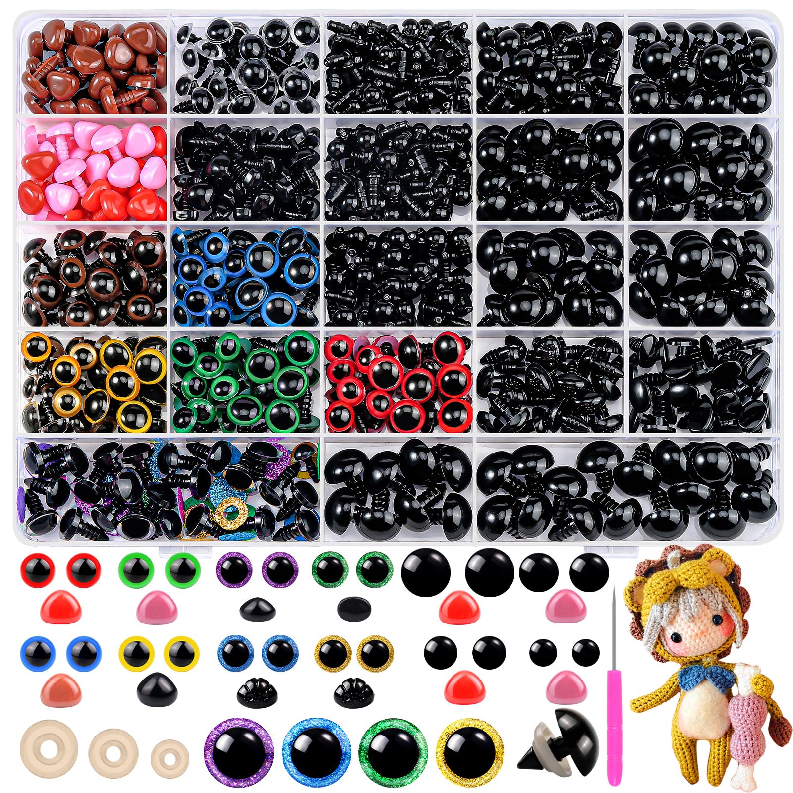 Fulasiteu 1100PCS Safety Eyes and Noses, Amigurumi Safety Eyes for Crocheting, Colorful Doll Crochet Eyes with Washers for Plush Animal, Crochet Toy, Stuffed Doll and Teddy Bear (Various Sizes)