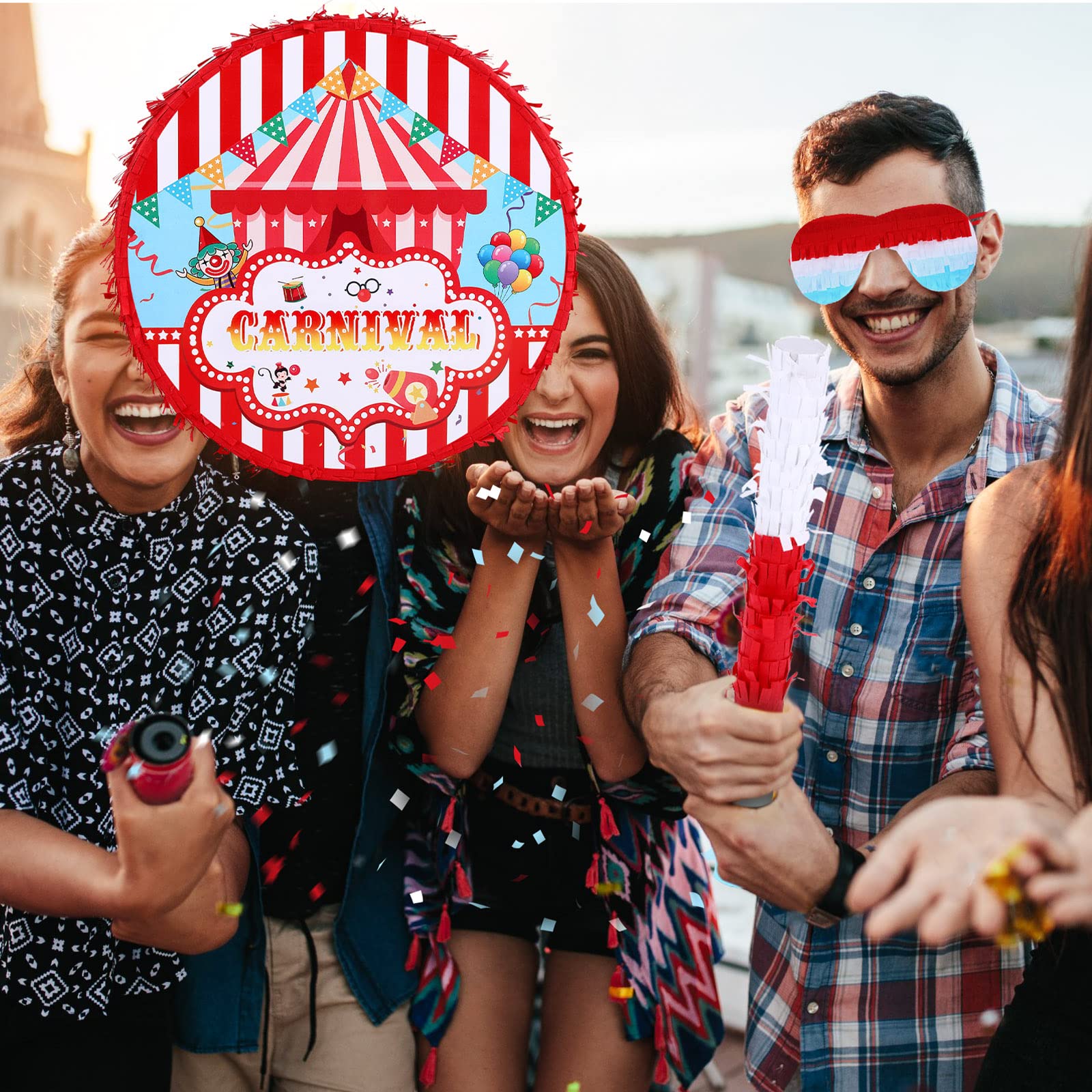 Deekin Carnival Pull String Piñata Circus Tent Piñata with Blindfold Piñata Stick and Confetti Large Carnival Piñata for Birthday Party Circus Carnival Party Decorations Supplies for Kids Baby Shower