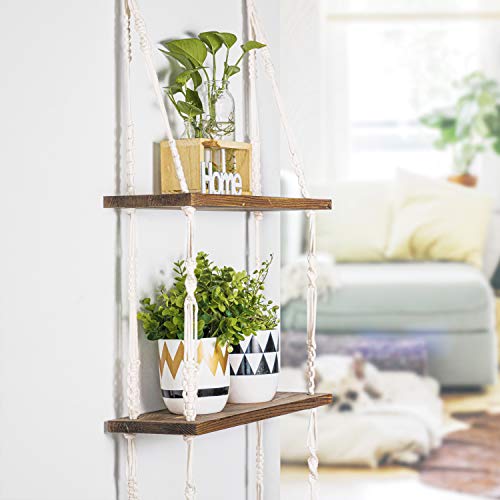 TIMEYARD Macrame Shelf Hanging Shelves, Wood Wall Shelf with Woven Rope, Rustic Floating Shelves Storage Organizer, 3 Tier Shelf Boho Decor for Living Room, Bathroom, Bedroom