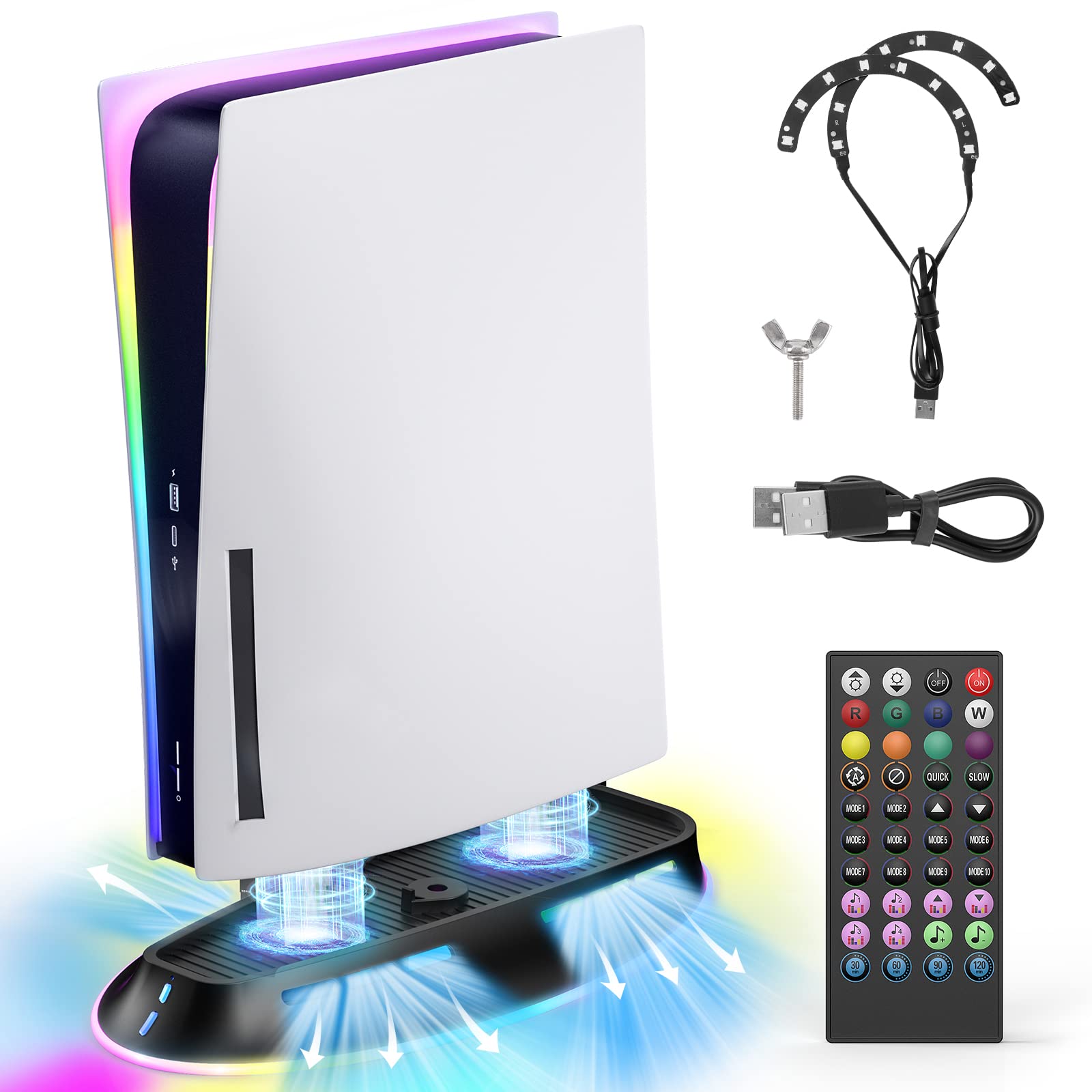 Allnice PS5 Stand PS5 Cooling Fan Stand with RGB Light for Playstation 5 Disc/Digital Edition, PS5 Cooling Station PS5 Fan Cooler System Built-in LED Light with IR Remote, 2 USB Ports