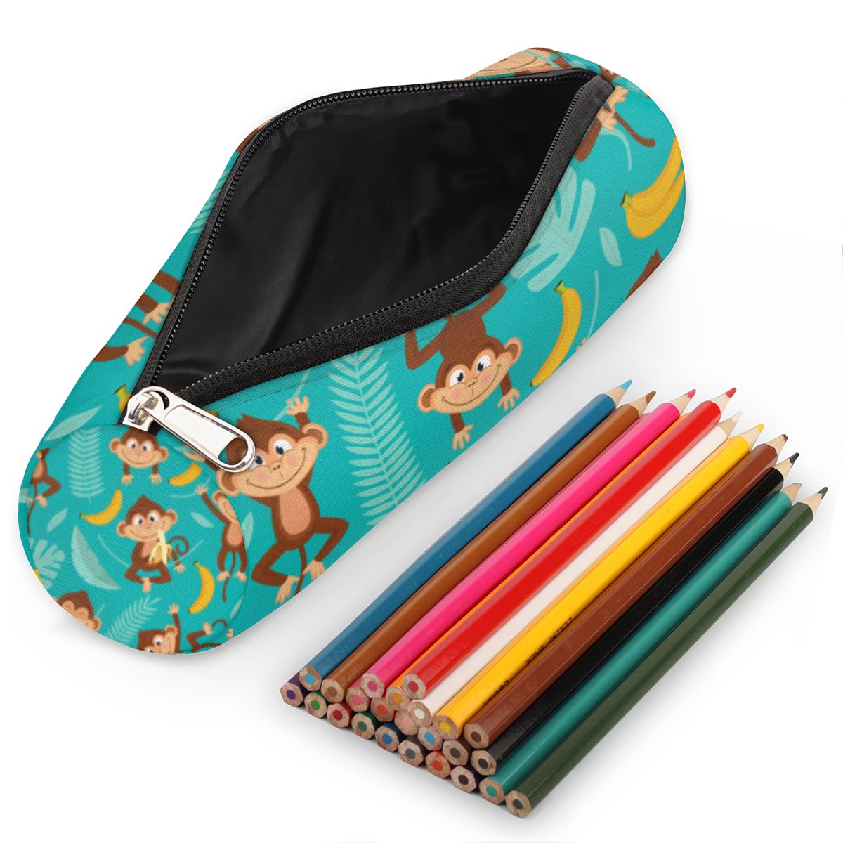 Cute Monkey Canvas Pencil Case Bag, Monkey Banana Cylinder Zippe Pencil Case Storage Pouch Simple Stationery Bag for Middle High School Office College Student