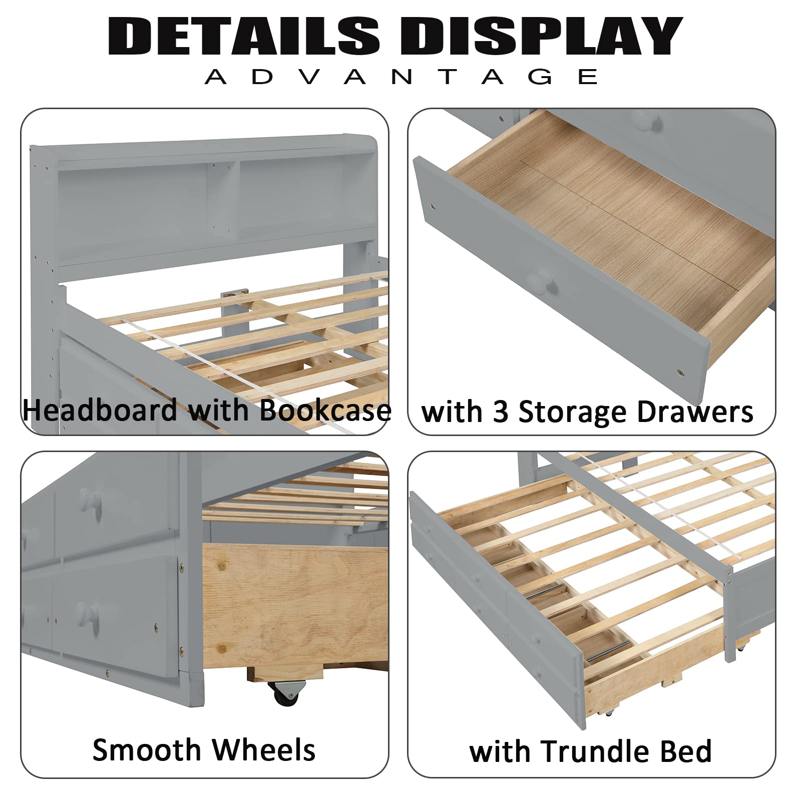 Harper & Bright Designs Twin Bed Frame with Bookcase Headboard, Wooden Twin Size Platform Bed with Trundle and 3 Storage Drawers,Twin Storage Bed for Kids Girls Boys,No Box Spring Needed,Grey