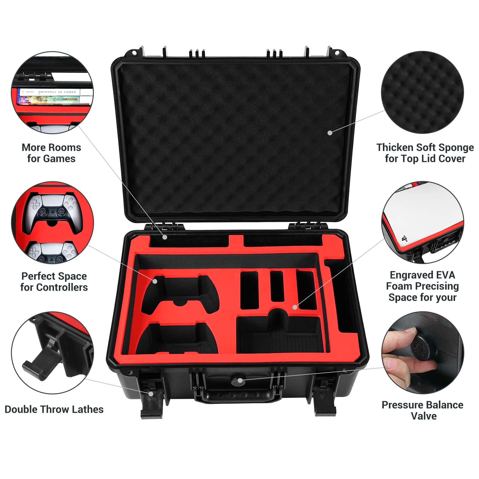 AGEISQOR Premium Carrying Case for PS5 -Travel Hard Case Fits PlayStation 5 Console Controllers Games Cables-PS5 Case with Customized Foam for Both Disc and Digital Versions, Red