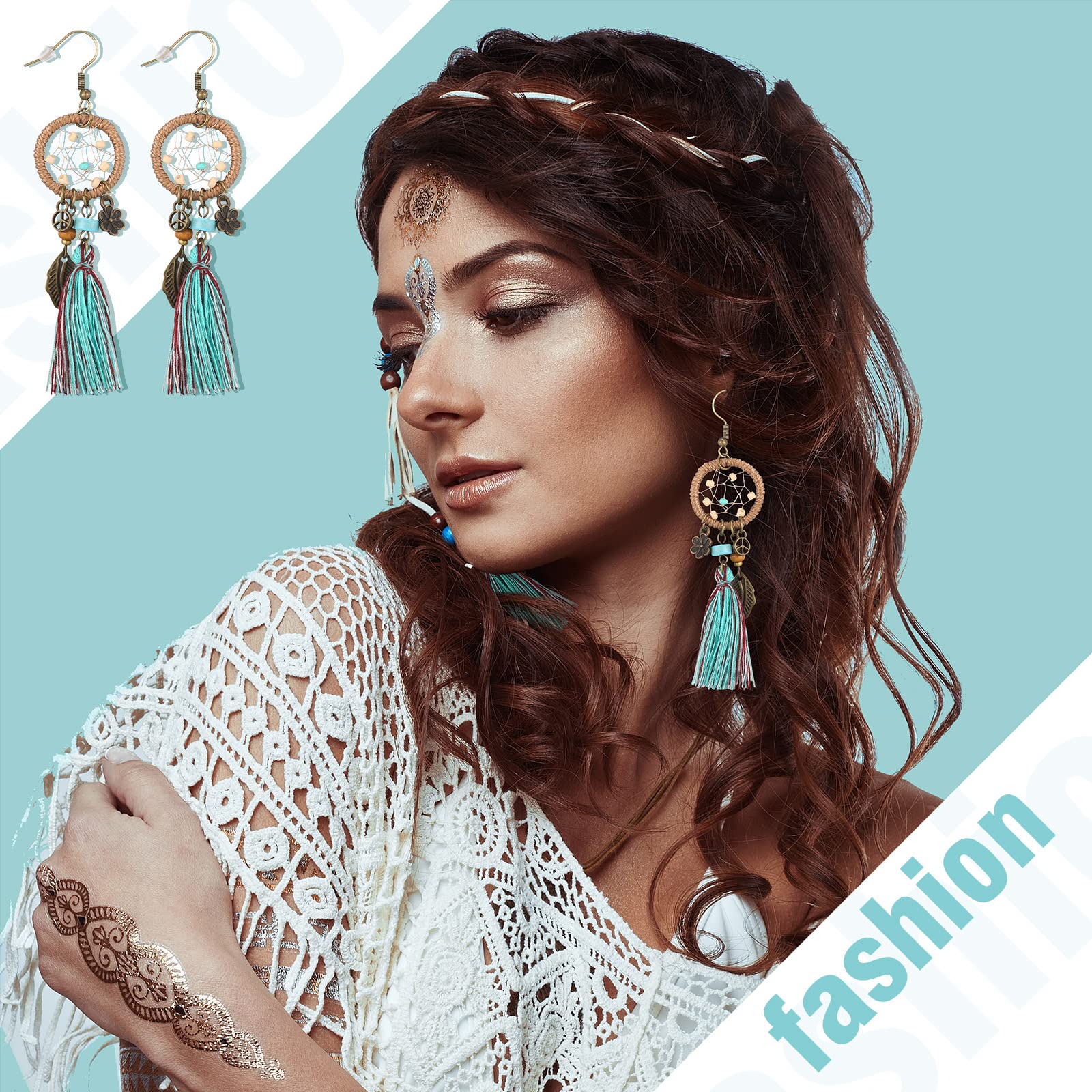 72 Pairs Bohemian Vintage Silver Drop Dangle Earrings Set for Women Girls, Hallow Earring Boho National Style Eardrop with Bronze Waterdrop Leaf Feather Shaped Vintage Jewelry