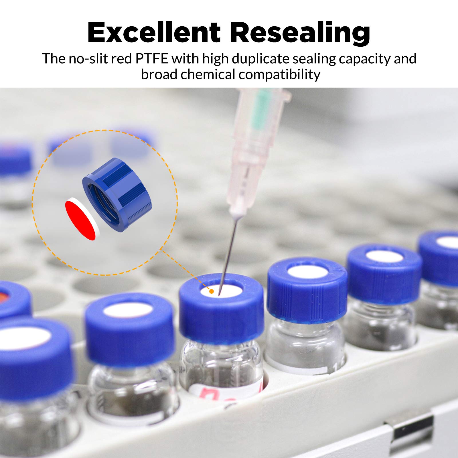 Membrane Solutions Autosampler Vials, 2ml HPLC Vials, 9-425 Lab Clear Vials with Write-on Spot and Graduations, 9mm Blue ABS Screw Caps & Septa for GC Sample Vials, 100 Pcs