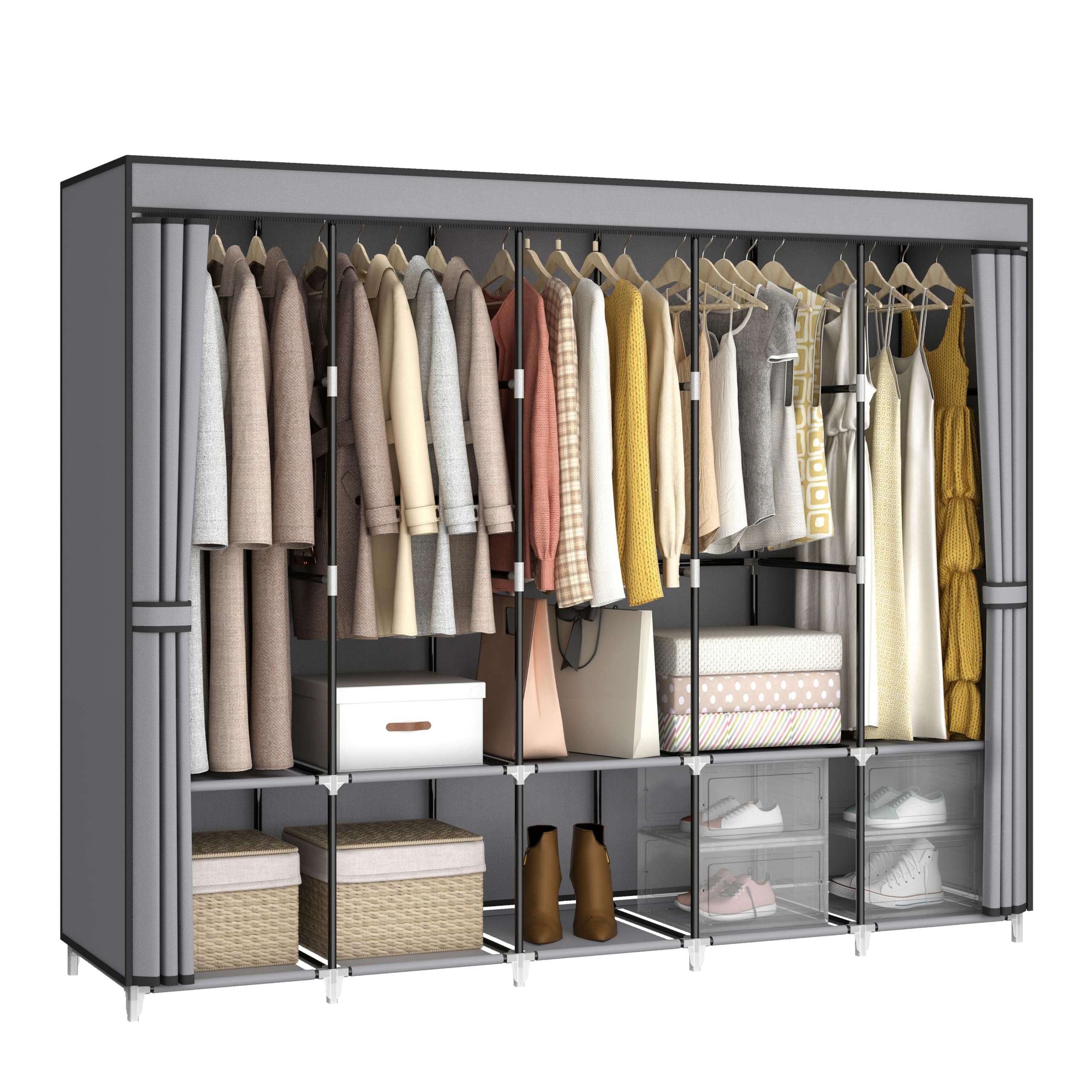 MOGELAFOO 83 Inch Wide Portable Closet Wardrobe, Clothes Storage Rack Organizer with Cover, 5 Clothes Hanging Rods and 10 Storage Shelves, Black