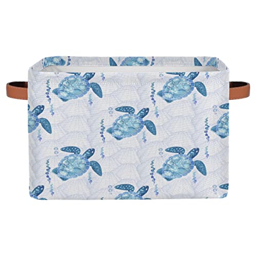 Ocean Sea Turtle Storage Basket Cube Turtoise Mermaid Sclae Large Toys Storage Box Bin with Handle Collapsible Closet Shelf Cloth Organizer for Nursery Bedroom,15x11x9.5 in,1 Pack