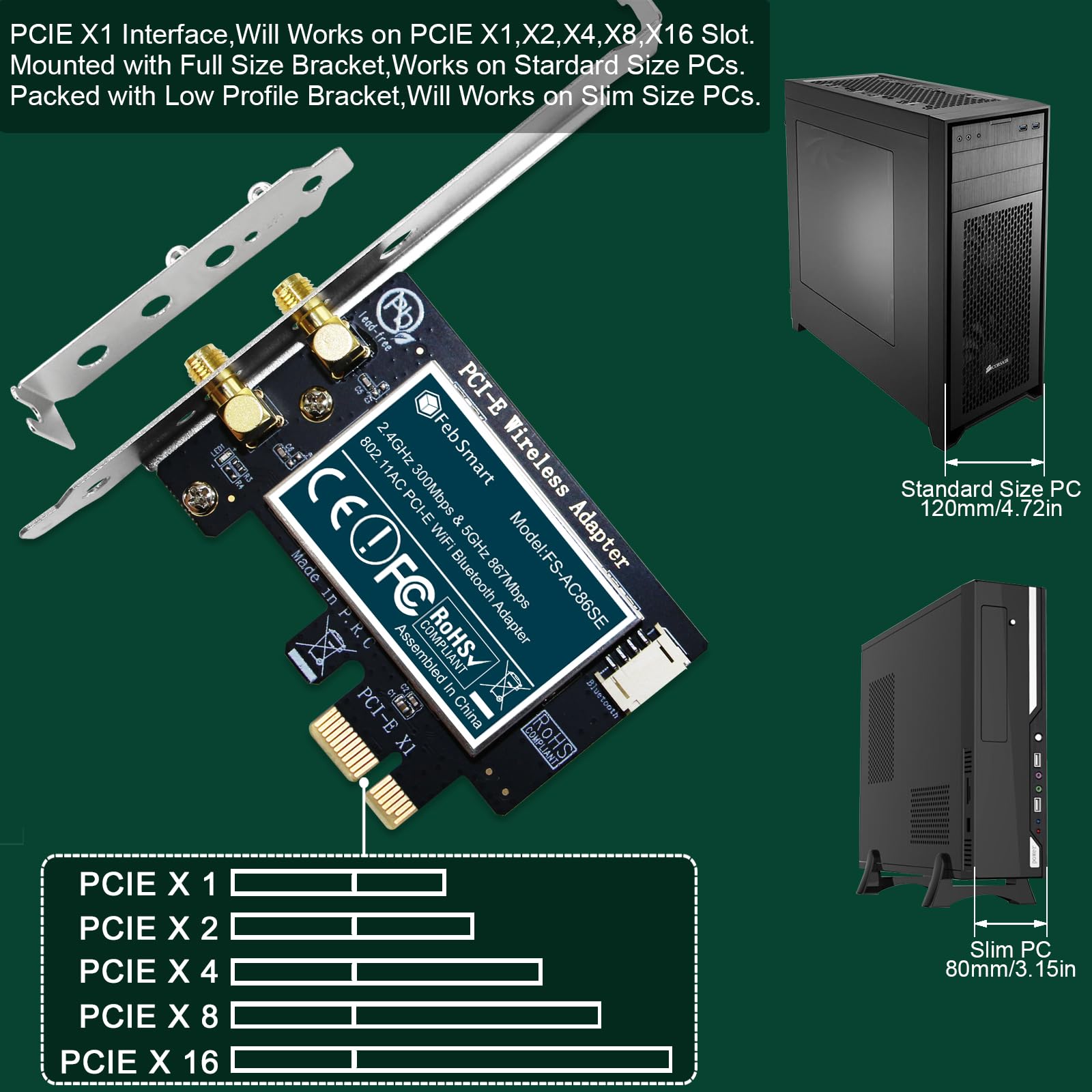 FebSmart Wireless-AC Dual Band 1200Mbps (2.4GHz 300Mbps and 5GHz 867Mbps) PCI Express WiFi Card for Windows XP, 7, 8.x, 10, 11 (32/64bit) and Windows Server Desktop PCs, PCIE WiFi Adapter (FS-AC86SE)
