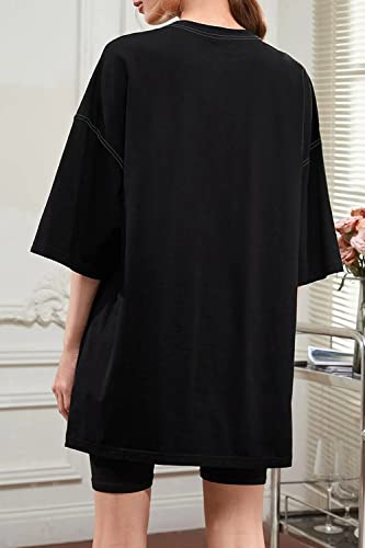 FSHAOES Women's Oversized T Shirts Casual Loose Half Sleeve Drop Shoulder Tees Summer Round Neck Cotton Tunic Tops Black