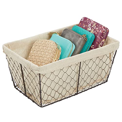 mDesign Medium Metal Farmhouse Home Storage Organizer Basket - Chicken Wire Design, Fabric Liner for Kitchen, Bathroom, Living Room, Pantry, Cupboard, Shelves, Countertop, 2 Pack - Bronze/Natural