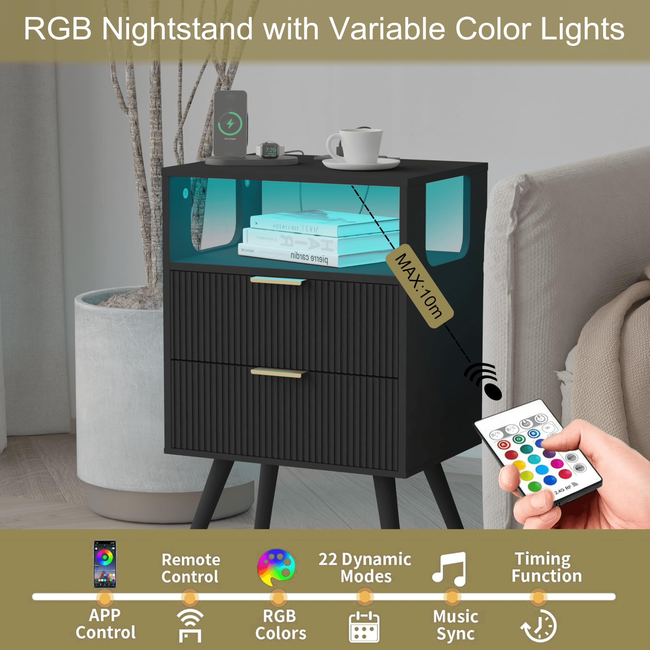JOONEE Black Nightstand with Charging Station and LED Lights,Modern Bedside Table with 2 Storage Drawer and Open Wood Shelf, for Bedroom and Small Spaces,Night Stand with Solid Wood Legs,Black