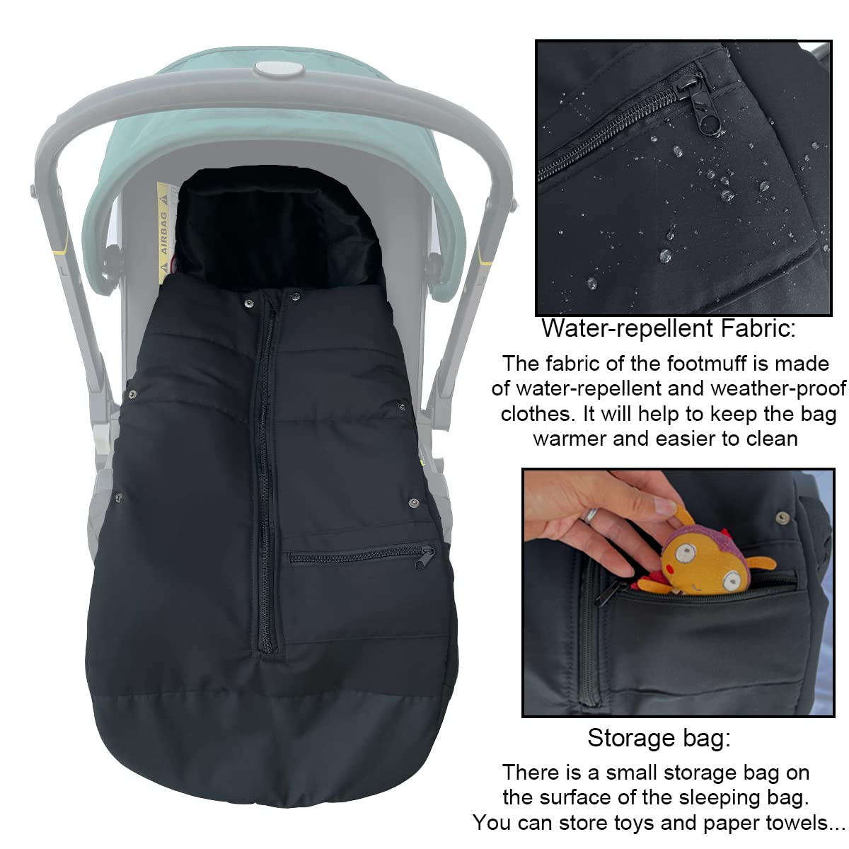 AICTIMO Universal Stroller Accessories Footmuff Compatible with Doona Car Seat & Strollers, Waterproof Warm Bunting Bag Suitable for 95% and Strollers Black