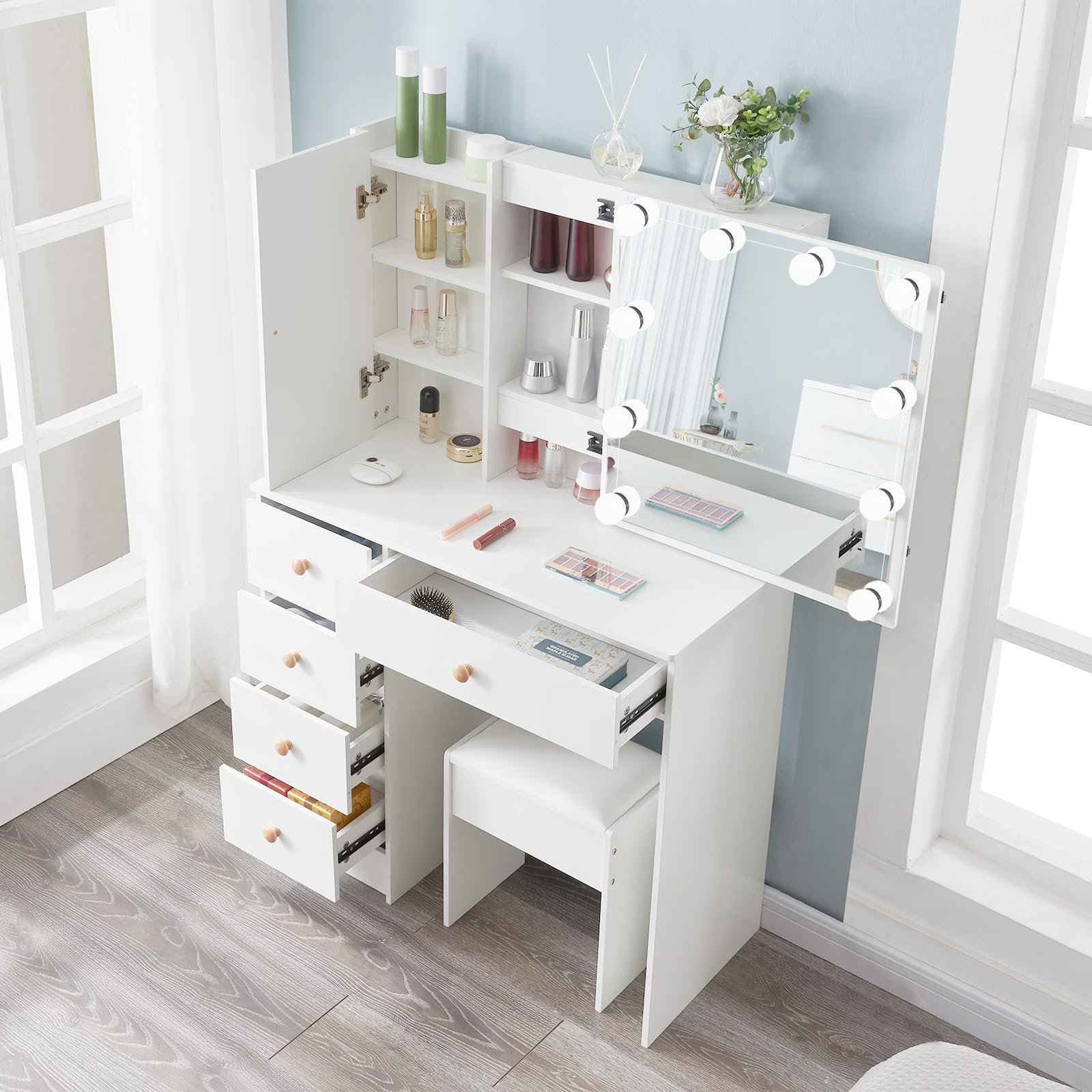 Abesthink Makeup Vanity with Lights, Makeup Vanity Desk with Mirror and 10 LED Lights,Vanity Table Set with 5 Drawers, Cabinet,Stool and Hidden Shelves,Vanity Set Dressing Table for Bedroom, White