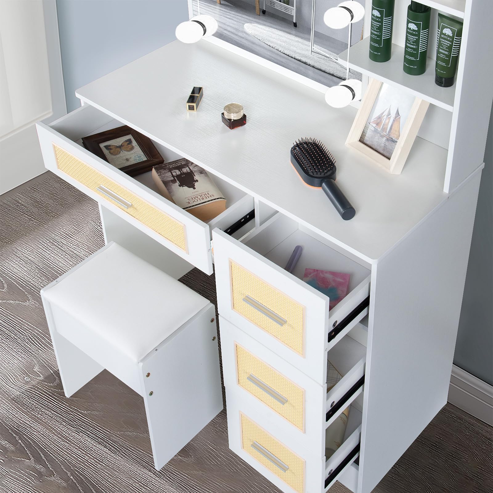 Abesthink Makeup Vanity Table with Lights and Mirror,Modern Vanity Dressing Table with Lighted Makeup Mirror,White Vanity Table Desk with Drawers Shelves and Stool for Bedroom…
