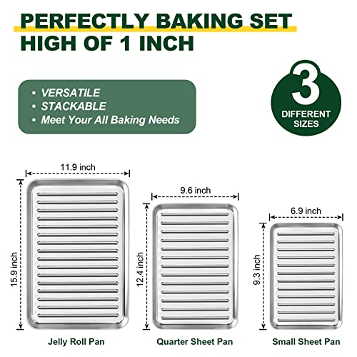 Baking Sheet Set of 3, CEKEE Stainless Steel Cookie Sheet for Baking Baking Pans Set, Jelly Roll Pan/Quarter Sheet Pan/Small Baking Sheet, 9/12/16 Inch, Warp Resistant & Heavy Duty & Easy Clean