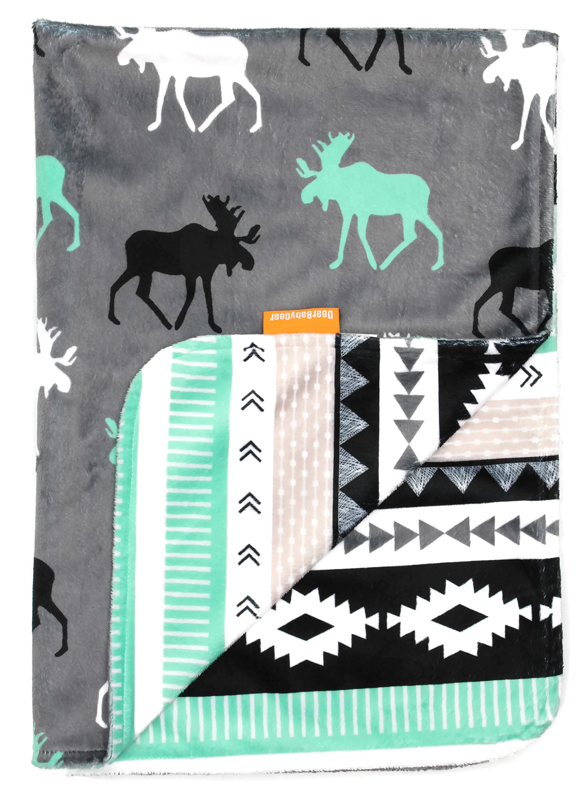 Dear Baby Gear - Premium Car Seat Baby Blanket - Soft Swaddle Blanket for Baby Girls and Boys, Plush Blankets - Adorable Designs, Comfortable Fabric - White Gray and Mint, Moose(40 x 30 inches)