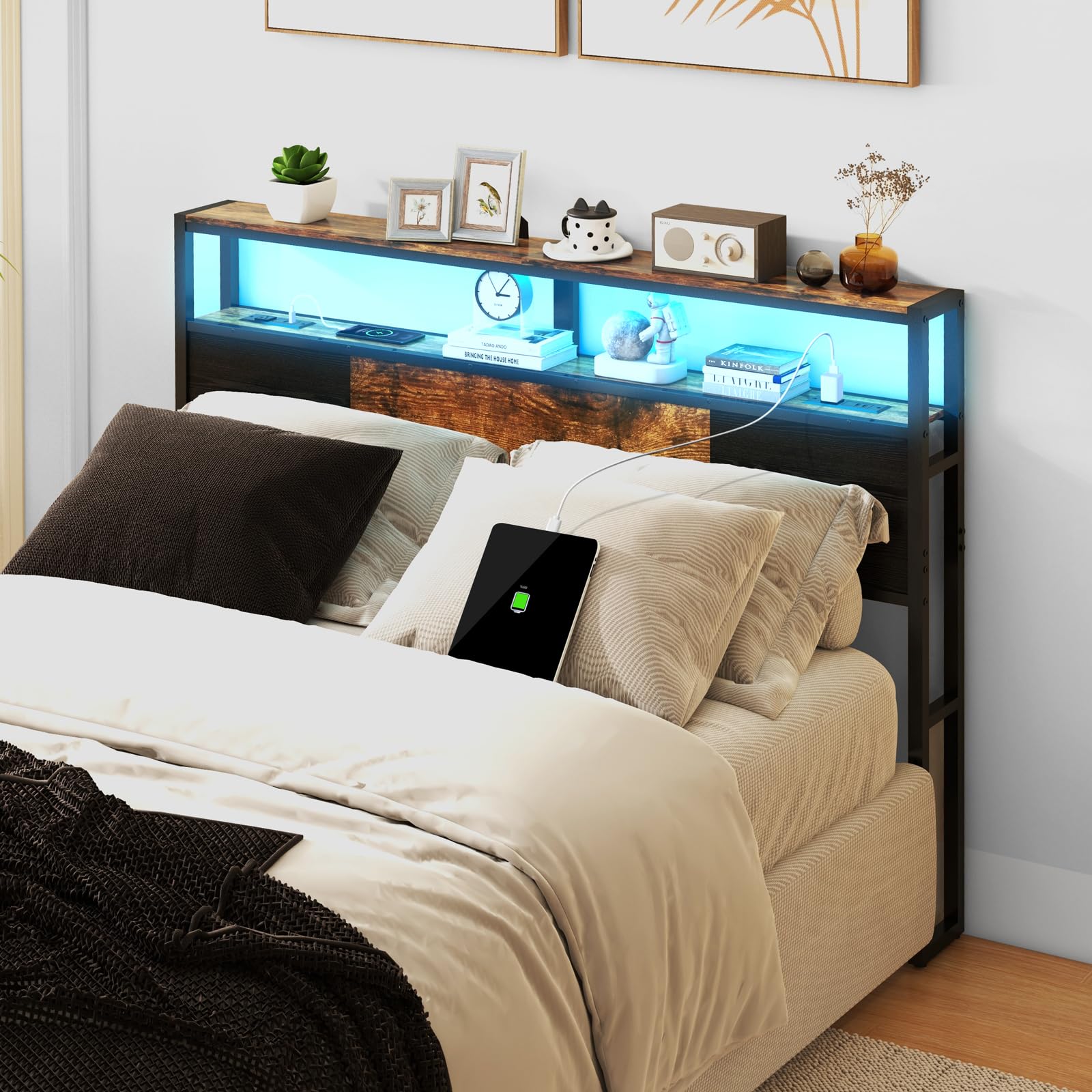 Livofloral Queen Size Headboard, Headboards with Charging Station, USB Port and LED Light, Head Board with 2-Tier Storage Shelf, Adjustable Height, Easy Assembly, Sturdy and Stable, Rustic Brown