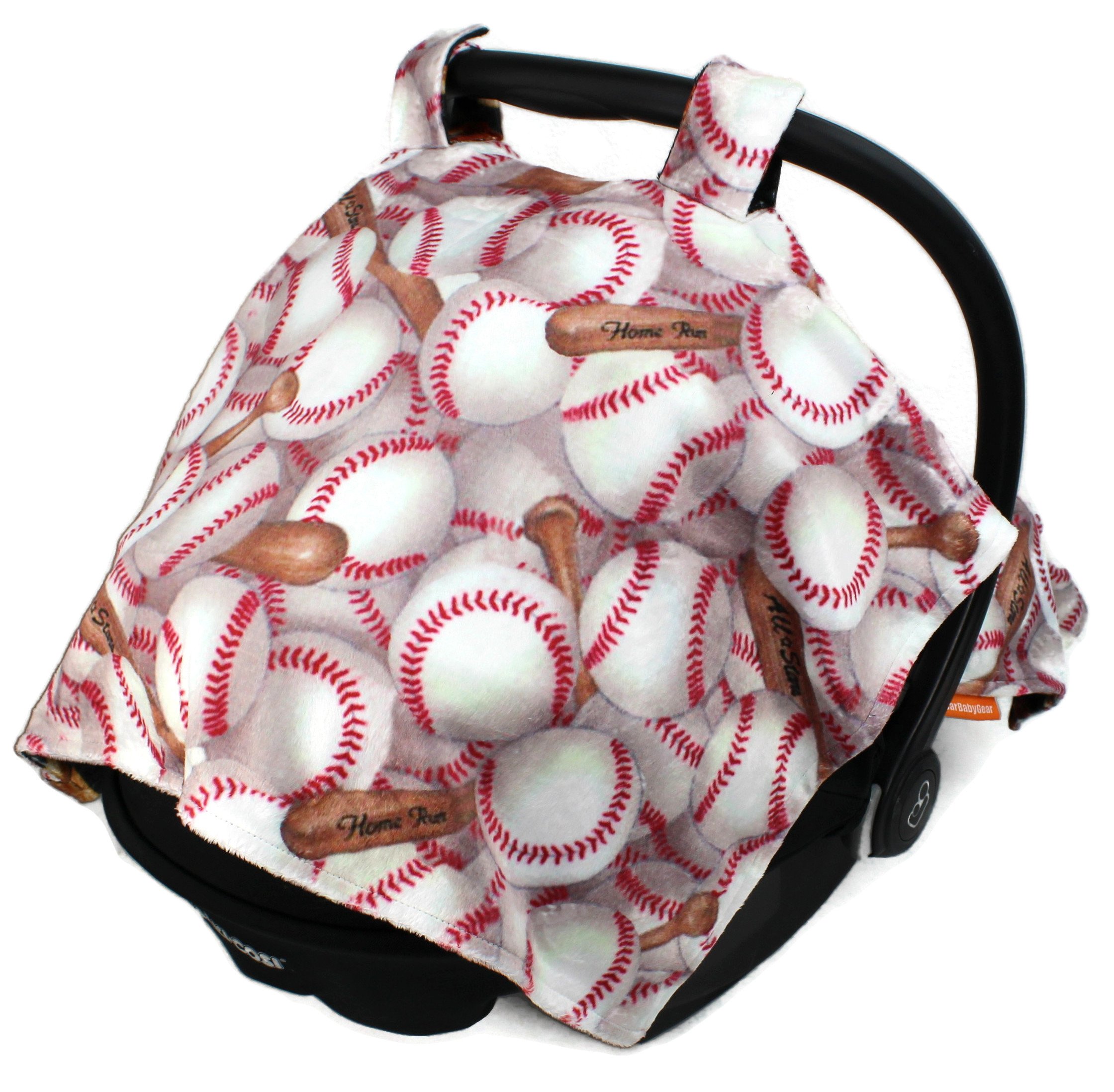 Dear Baby Gear Deluxe Reversible Car Seat Canopy, Custom Minky Print, Baseball Bat Glove